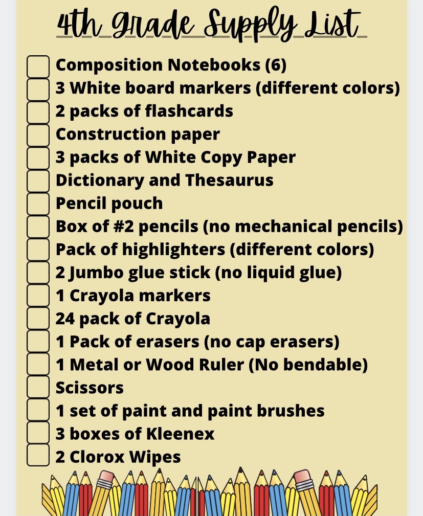 Fourth Grade Elementary School Supplies